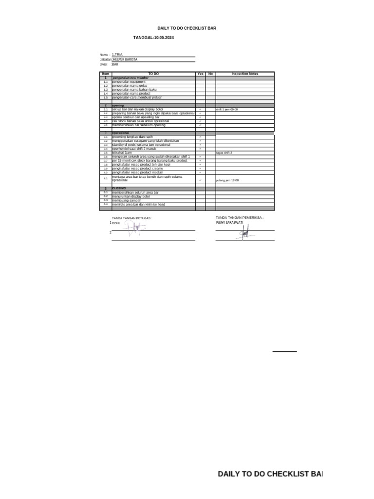 Daily To Do Checklist Form Bar TGL 10 Mei 2024 TTD | PDF