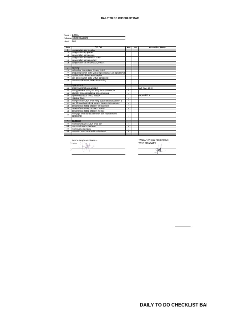 Checklist Harian Barista untuk Operasional | PDF