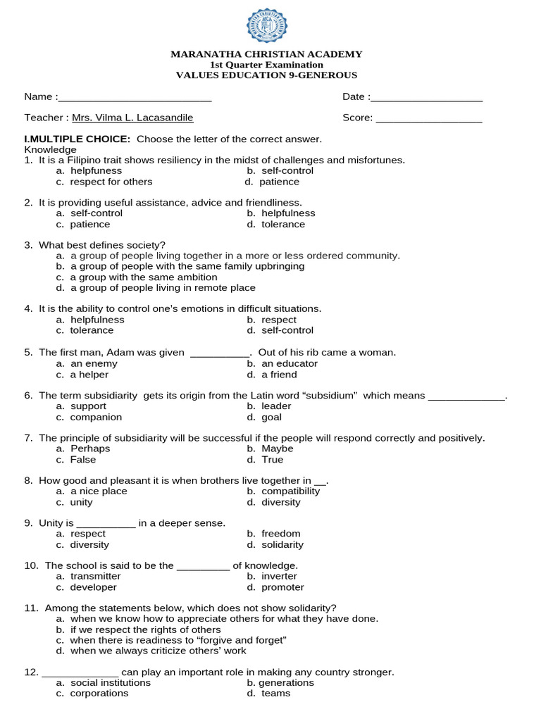 Values Educ 9 Ist QTR Exams | PDF | Family | Faith