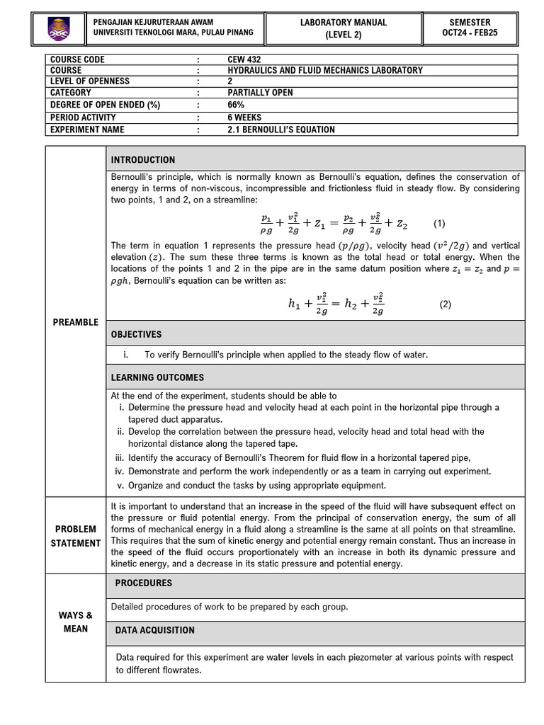 L2.1 - Bernoulli Equation - Lab Sheet - OCT24 | PDF | Mechanics | Fluid ...