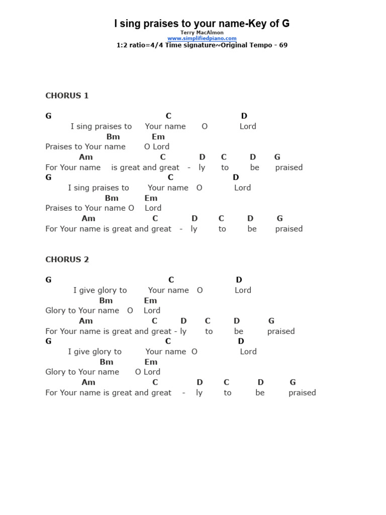 I Sing Praises to Your Name Chords | PDF