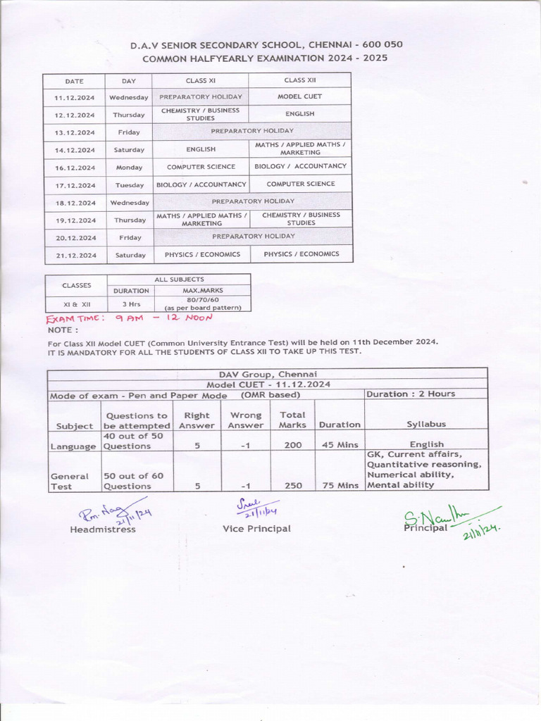 Commom Half Yearly Exam Time Table - Class - Xi & Xii | PDF