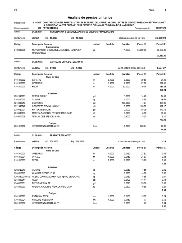 Análisis de Precios Unitarios: Página | PDF