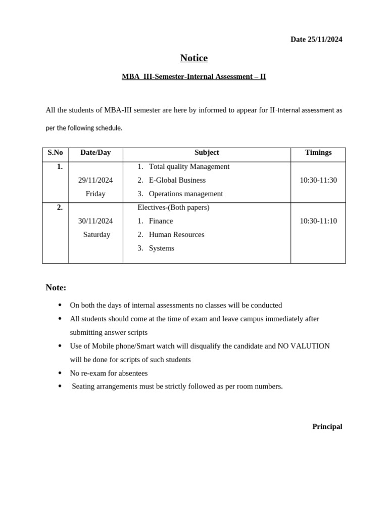 Iii Sem Internal Notice | PDF