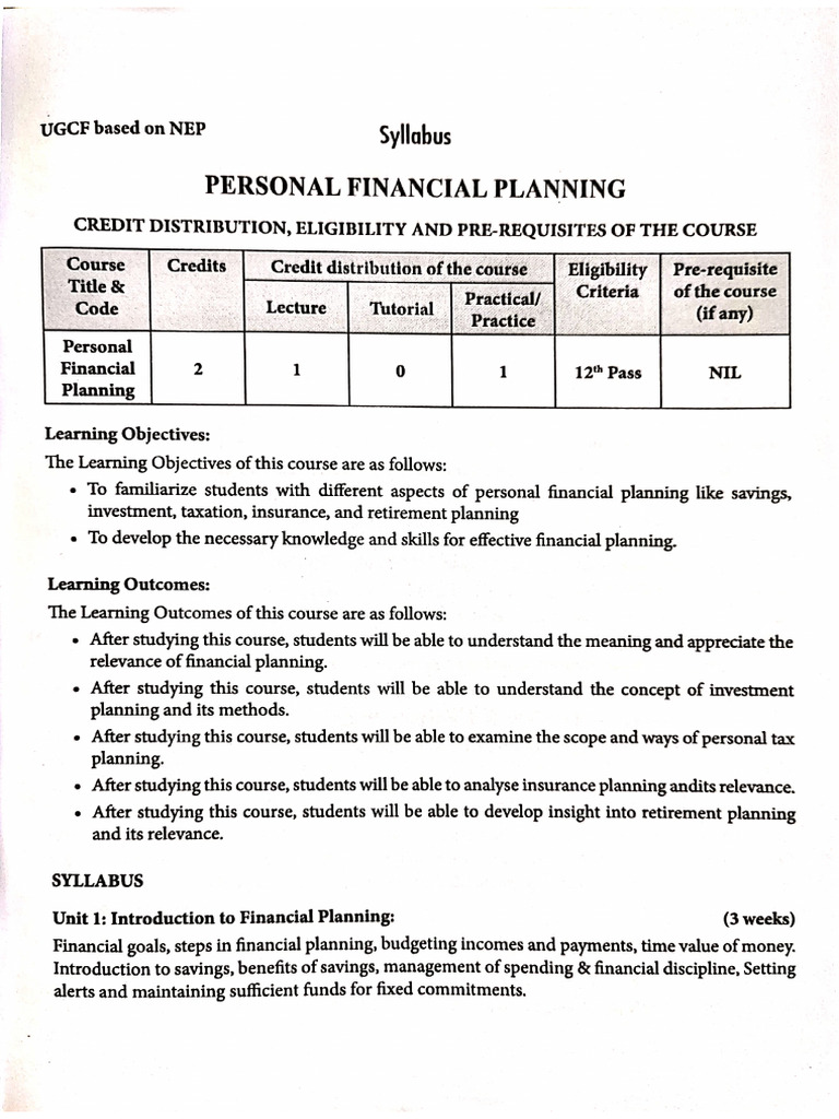 Personal Financial Planning Syllabus | PDF