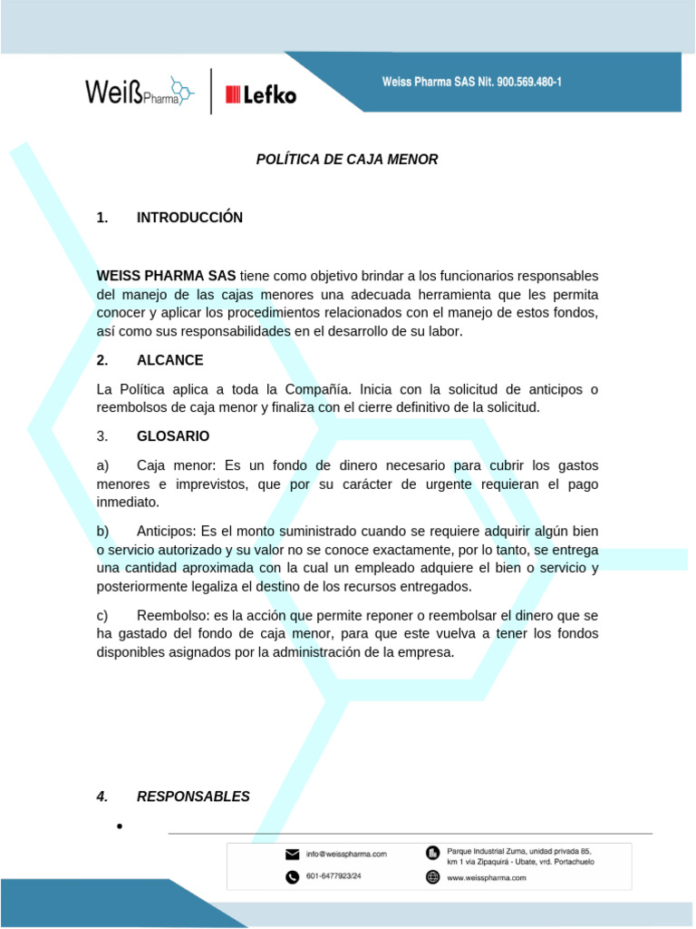 Política de Manejo de Caja Menor en Weiss Pharma | PDF | Contabilidad