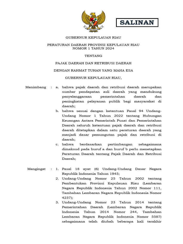 Perda Prov Kepri No 1 Tahun 2024 | PDF