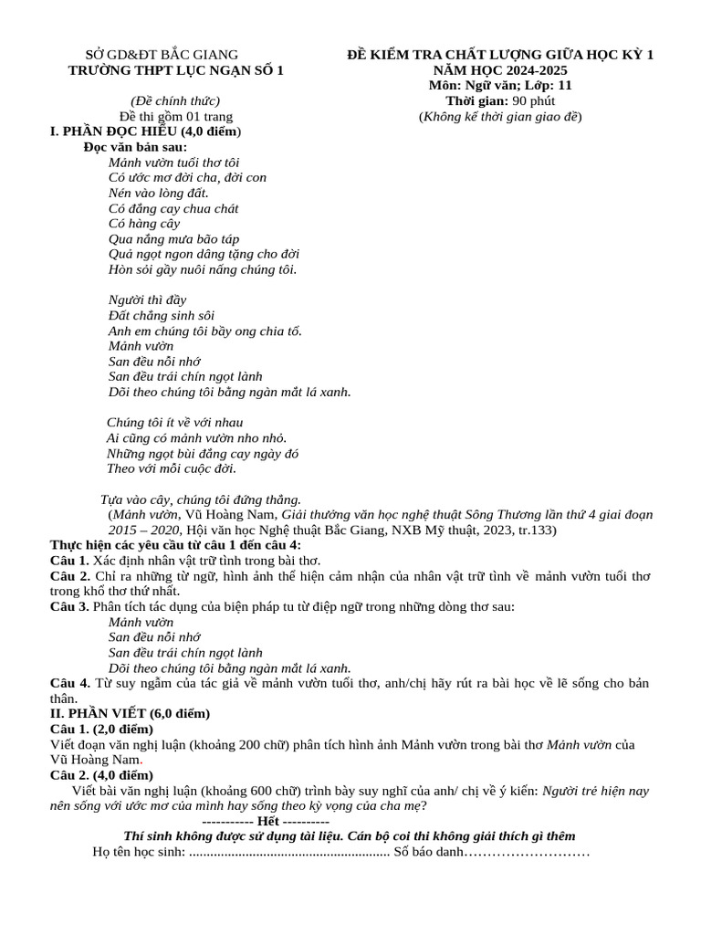 ĐỀ -HDC KT GIỮA KÌ 1 VĂN 11 | PDF