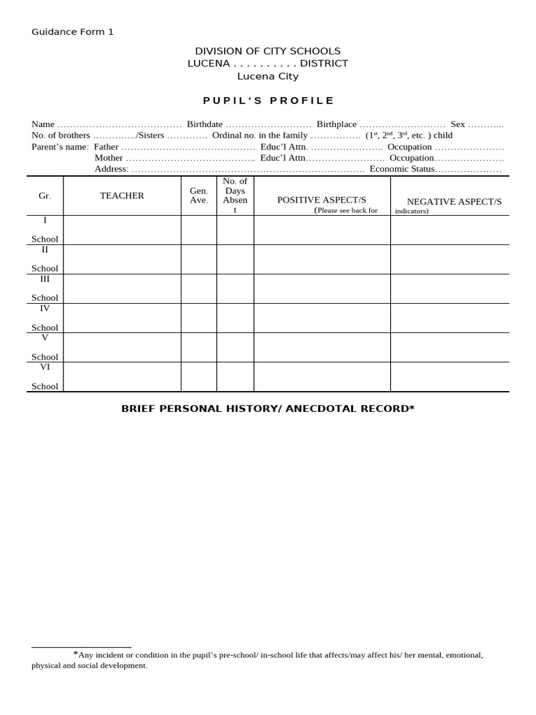 Lucena City Pupil Profile Form | PDF | Interpersonal Relationships ...