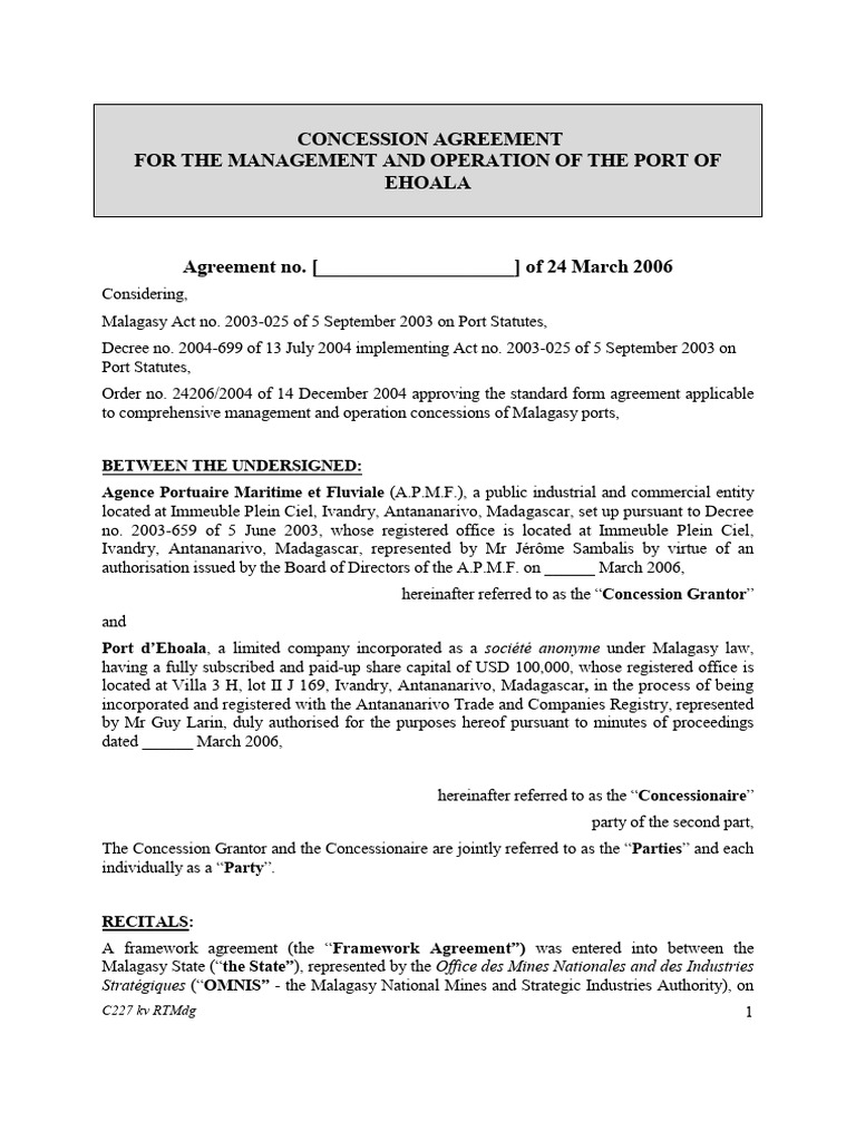 Port of Ehoala Concession Agreement | PDF | Concession (Contract) | Revenue