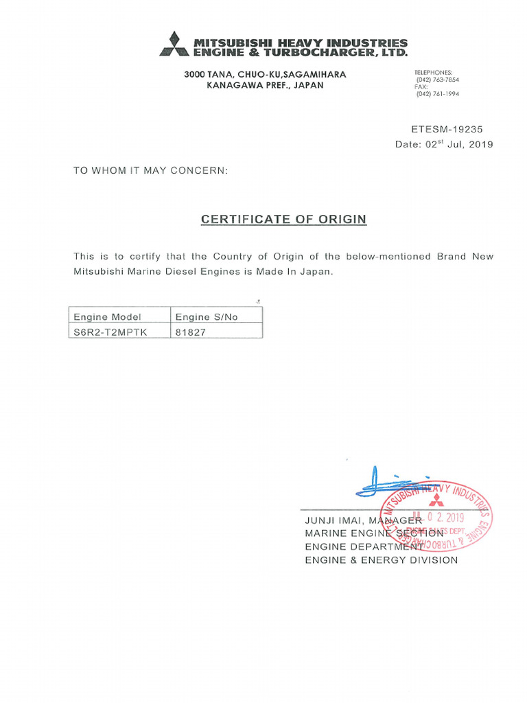 21 Main Engine Manufacture Certificate SSM 1P (S) Coo-81827 | PDF
