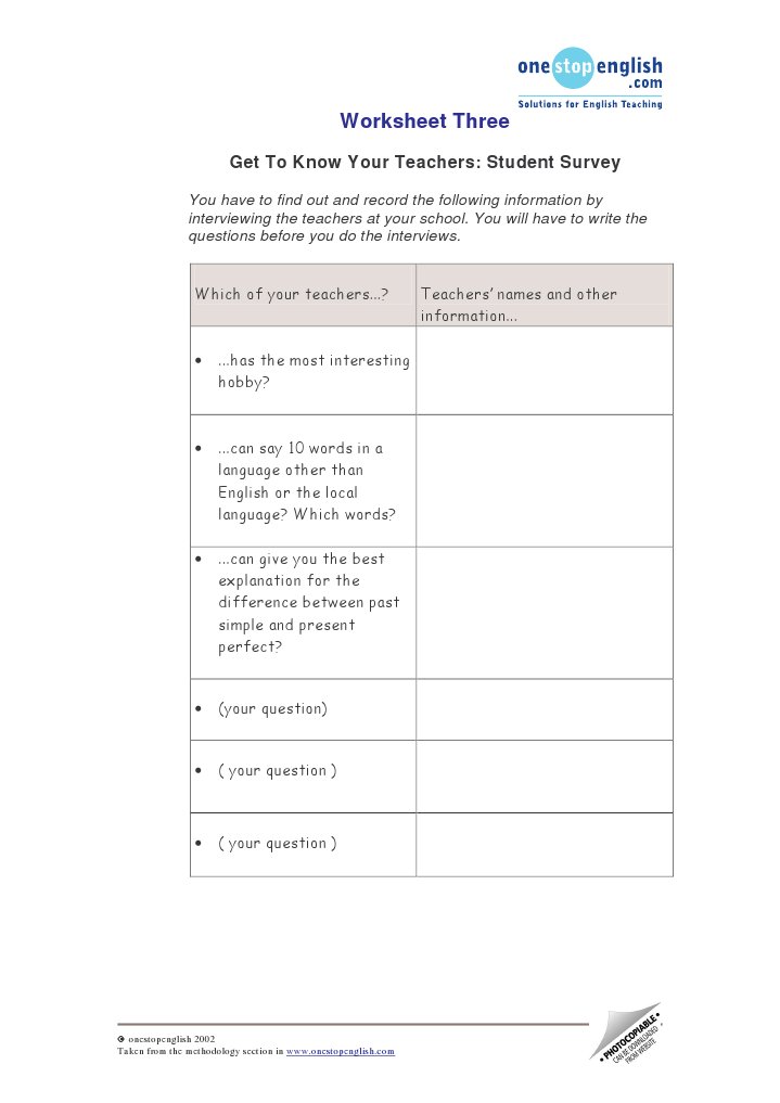 Worksheet Three: Get To Know Your Teachers: Student Survey | PDF