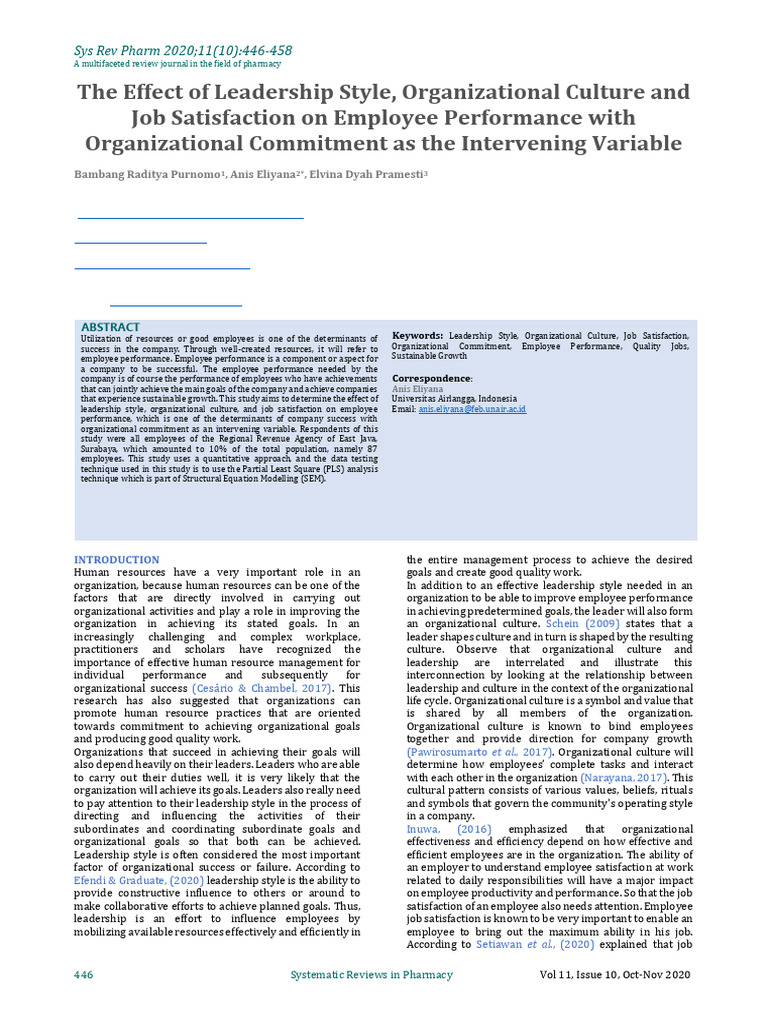 The Effect of Leadership Style Organizational Culture and Job Satisfaction On Employee ...