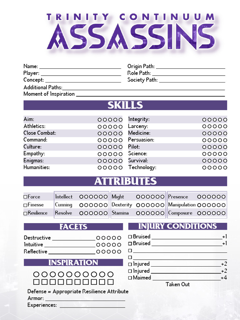 Trinity Assassins Character Sheet Official Interactive | PDF