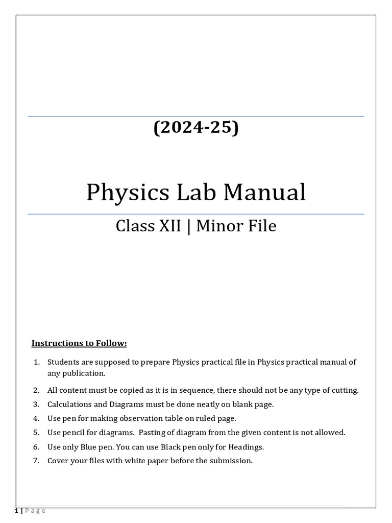 Physics Lab Manual ACTIVITY CLASS XII MINOR FILE - 2024-25 (WITH ...