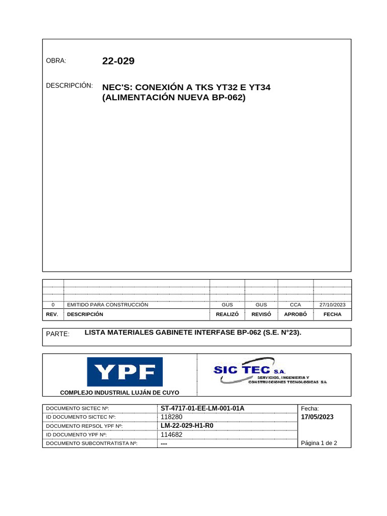 Lm-22-029-H1-R0 - LISTADO DE MATERIALES GABINETE INTERFASE BP-062 (S.E ...