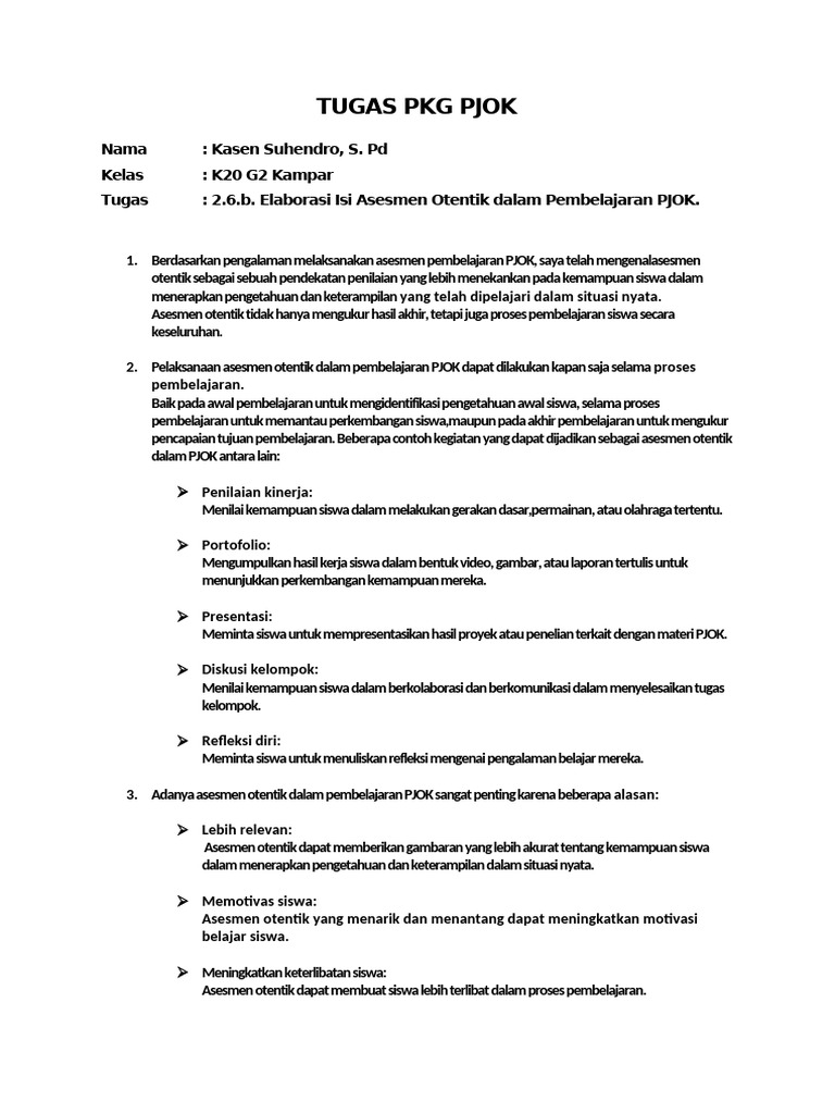 Tugas PKG Pjok 2.6.B. Elaborasi Isi Asesmen Otentik Dalam Pembelajaran Pjok | PDF | Karier ...
