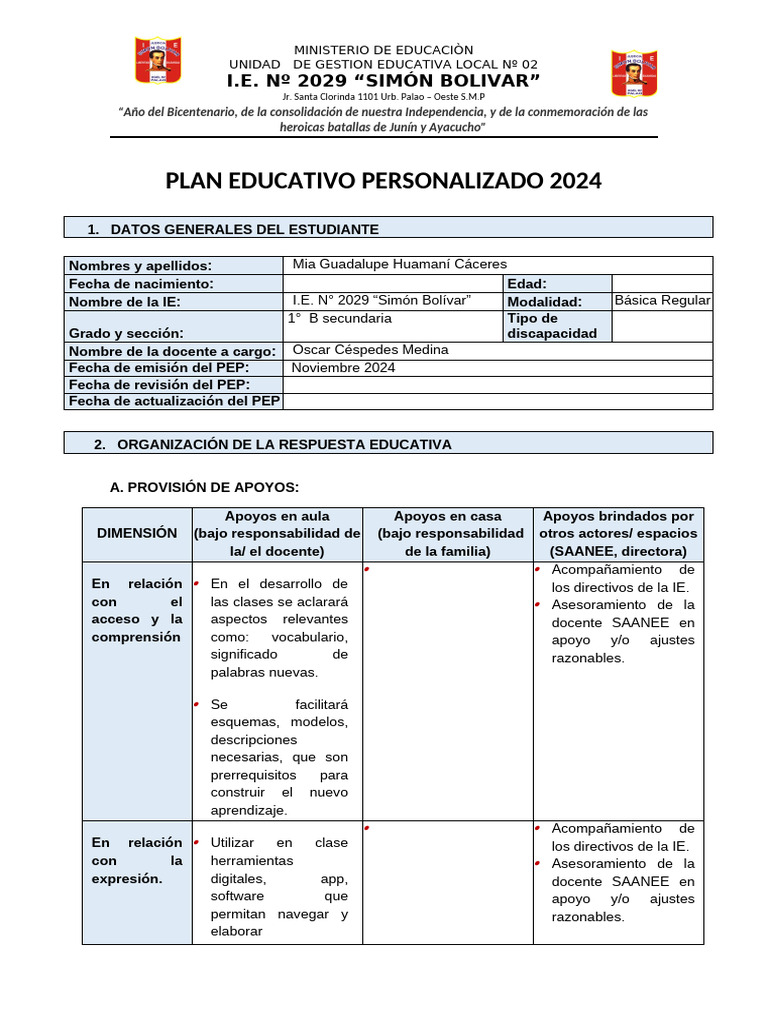 Plan Educativo Personalizado 2024 para Mia | PDF | Aprendizaje | Maestros