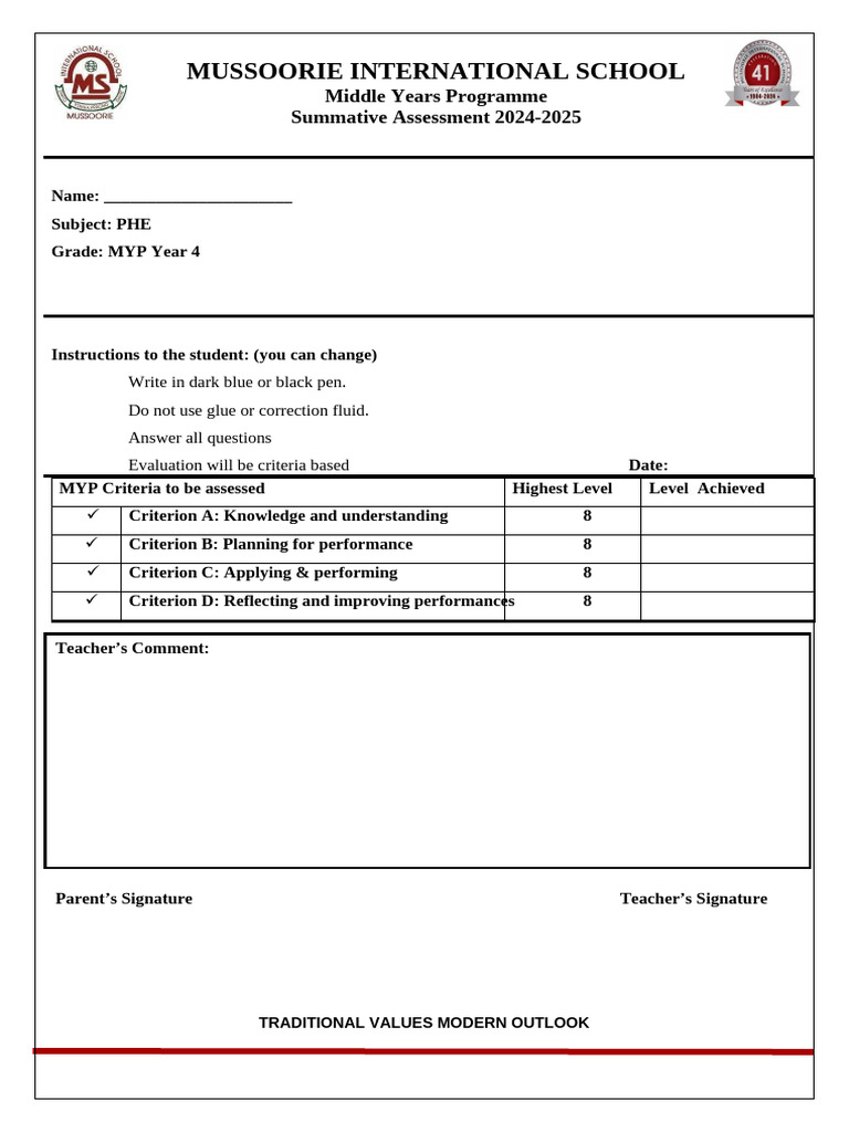 Summative Assessment Myp 4 | PDF | Physical Fitness | Behavior Modification