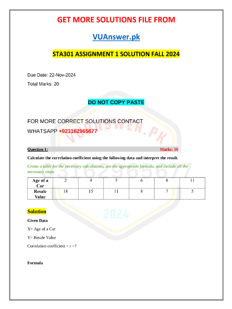 STA301 Assignment 1 Solution Fall 2024 | PDF