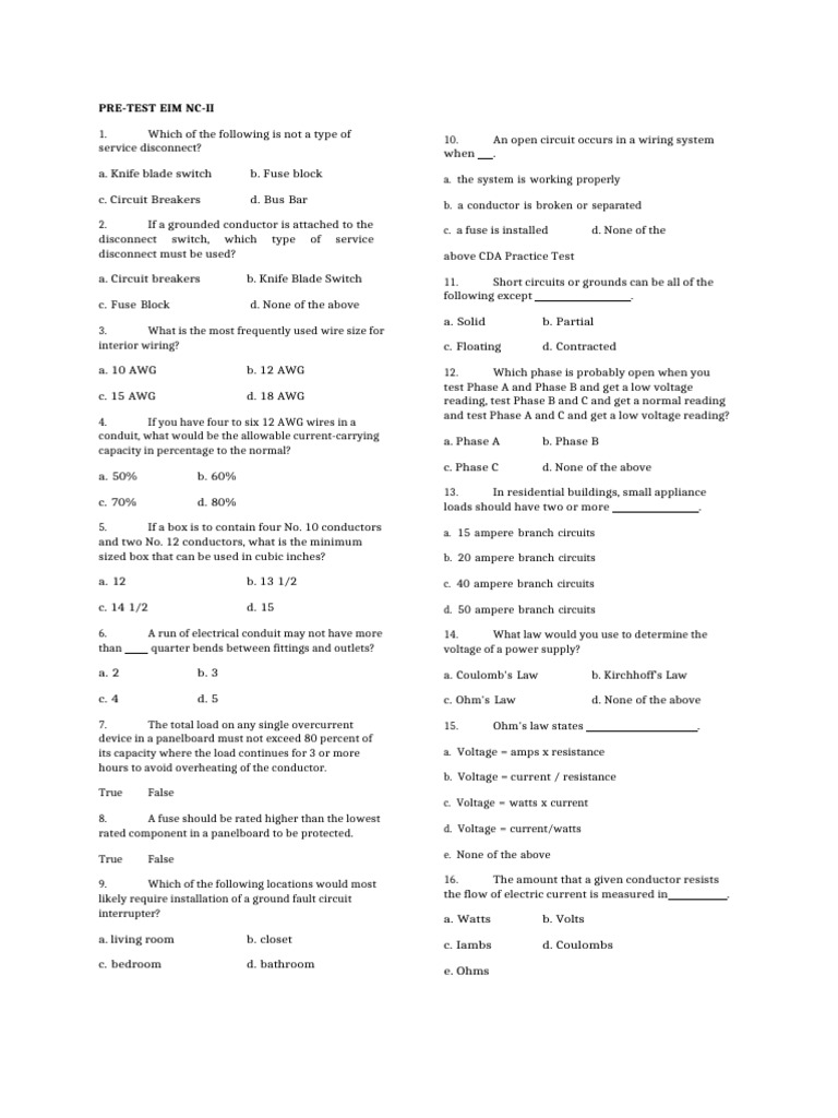 Pre Test Eim NC II Prepared by Ophir M Aycocho Rece Rme Epas Eim Pvsi ...