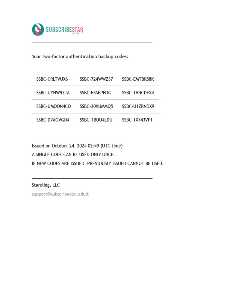 SubscribeStar Otp Backup Codes-283000 | PDF