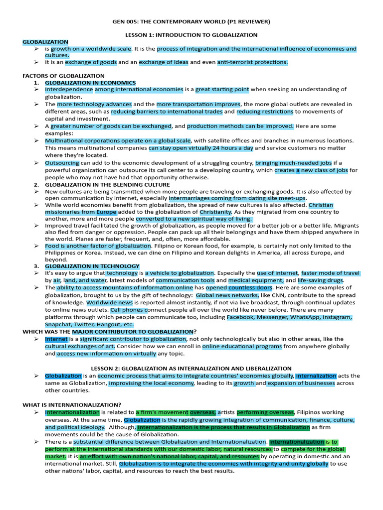 Gen 005 P1 Reviewer | PDF | Globalization | Market (Economics)