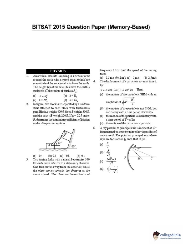 BITSAT 2015 Question Paper (Memory-Based) | PDF | Electronvolt | Capacitor BITSAT 2015 Question Paper (Memory-Based) | PDF | Electronvolt | Capacitor