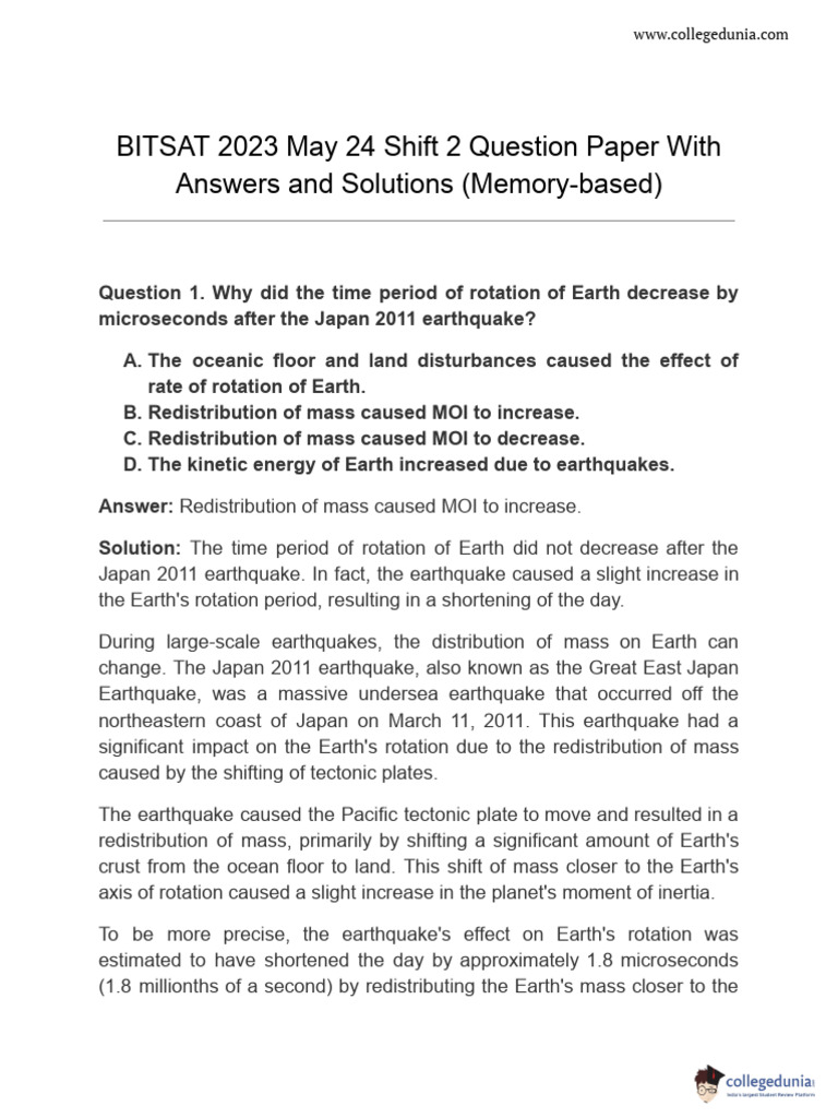 BITSAT 2023 May 24 Shift 2 Question Paper With Answers and Solutions (Memory-Based) | PDF ...