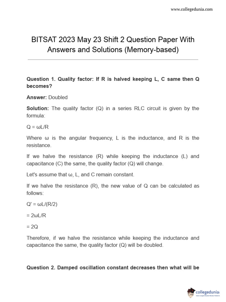BITSAT 2023 May 23 Shift 2 Question Paper With Answers and Solutions (Memory-Based) | PDF ...