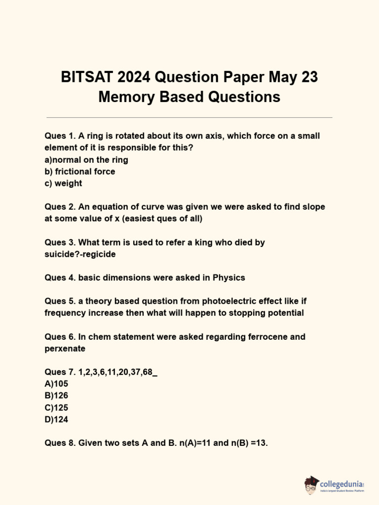 BITSAT 2024 Question Paper May 23 Memory Based Questions | PDF