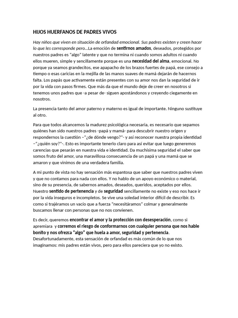 Hijos Huerfanos de Padres Vivos | PDF | Amor | Las emociones