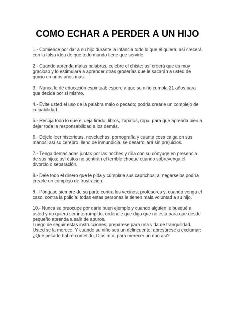Como Echar A Perder A Un Hijo | PDF | Relaciones personales, crianza y ...