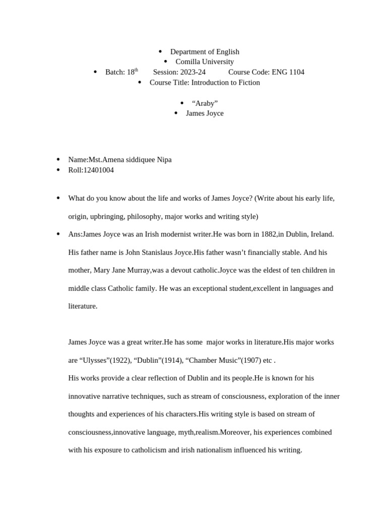 Araby Worksheet 1 | PDF | James Joyce