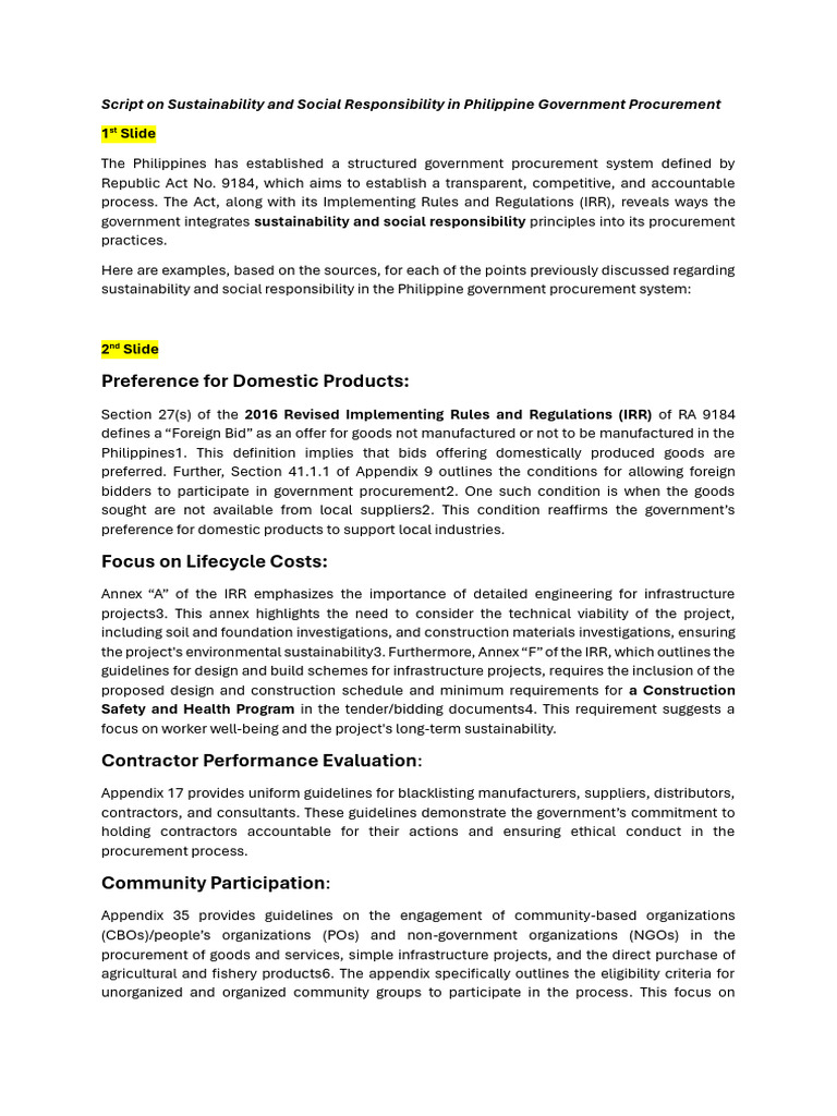 Sustainability and Social Responsibility in Philippine Government Procurement | PDF ...