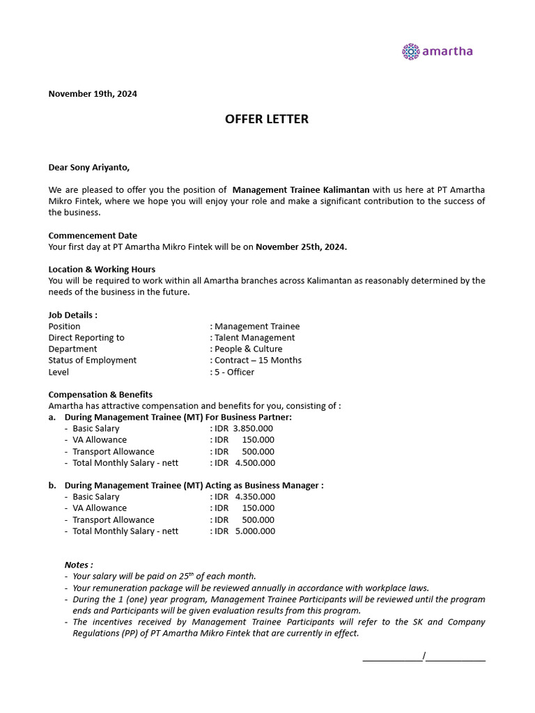 (MT Local) Offer Letter Kalimantan 2024 - Sony Ariyanto | PDF | Salary ...