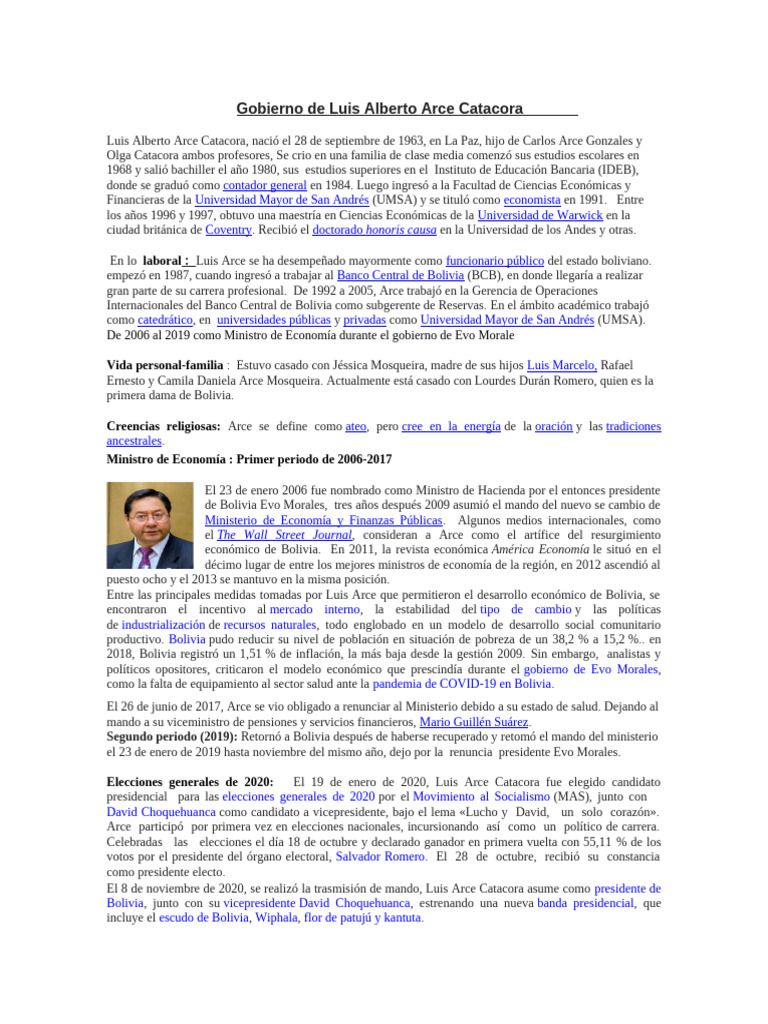 Luis Arce Catacora: Vida y Gobierno | PDF | Finanzas y dinero ...