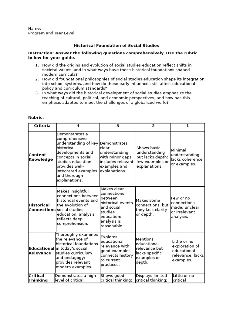 Activity Historical Foudation of Social Studies | PDF | Curriculum ...