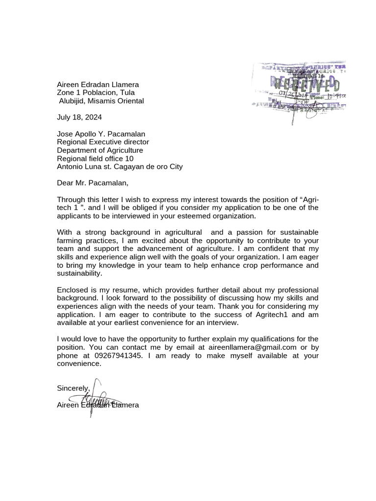 Agri-tech 1 Job Application Letter | PDF