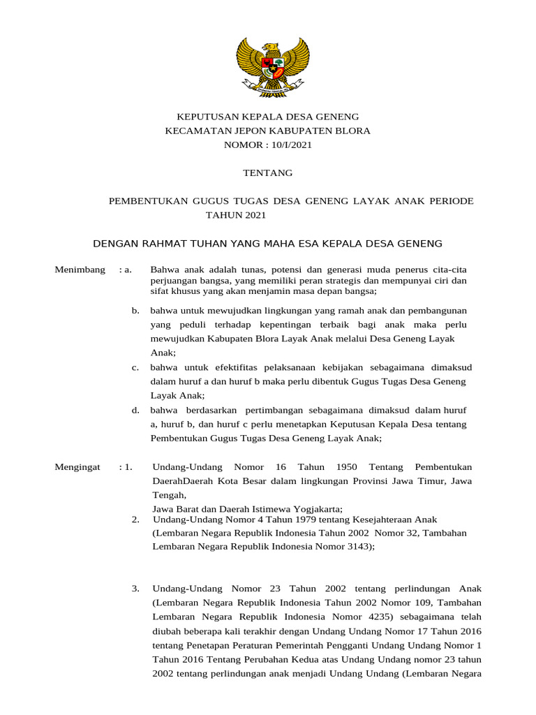Pembentukan Gugus Tugas Layak Anak Geneng | PDF