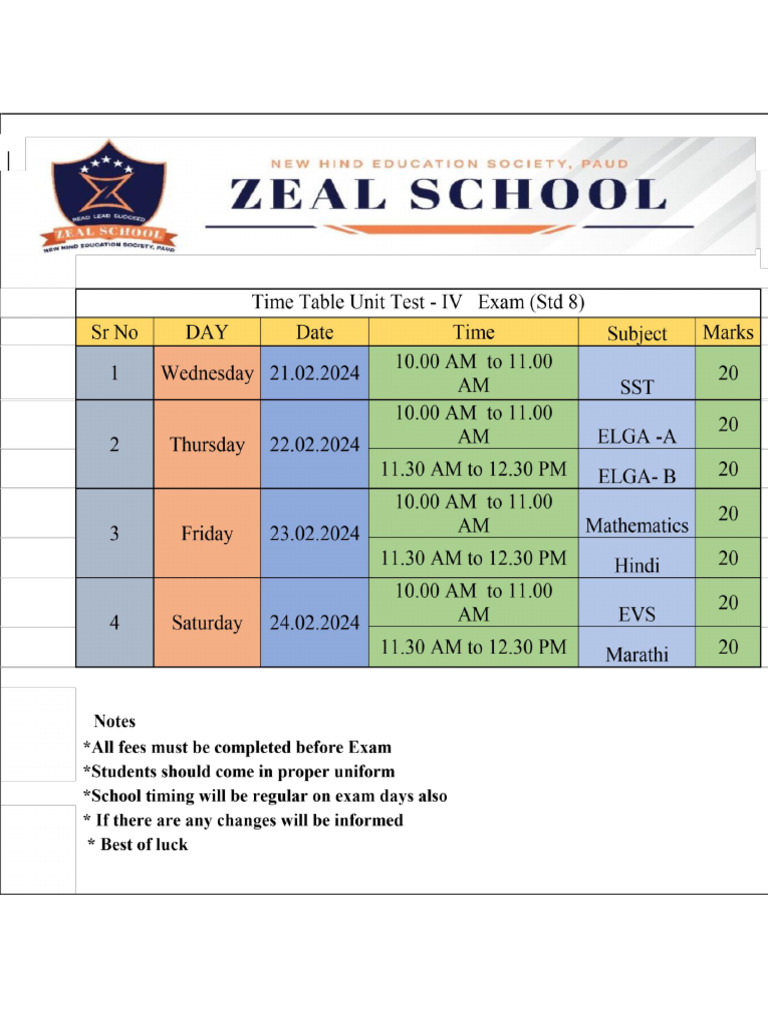 Time Table Unit Test 4 STD 8 | PDF