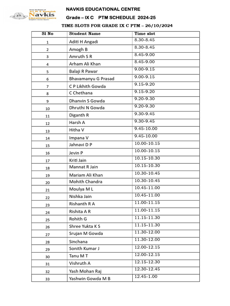 PTM Timings Schedule GR Ix C Oct | PDF