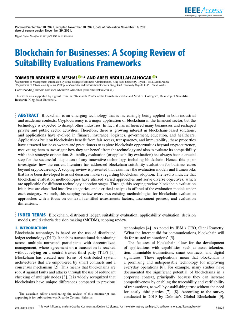 Blockchain For Businesses A Scoping Review of Suitability Evaluations Frameworks | PDF ...