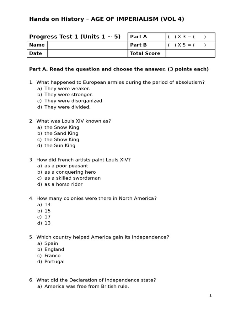 Hands On History 4 (Units 1-5) - Progress Test 1 | PDF | Napoleon ...