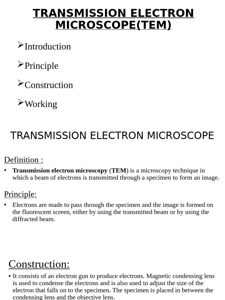 Transmission Electron Microscope (Tem) : Principle Construction Working ...