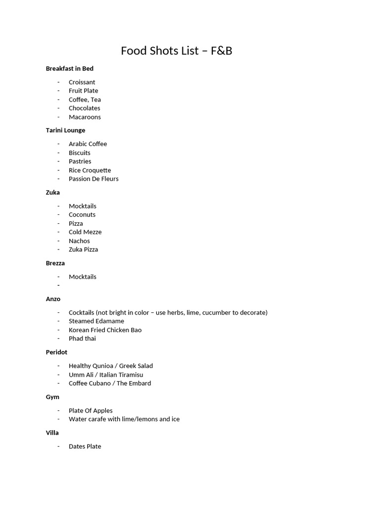 Food & Beverage Photography List | PDF