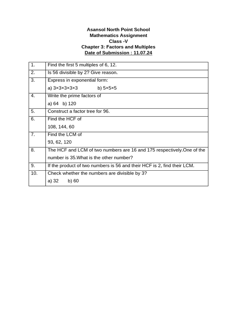 Factors and Multiple - Class V - Assignment-1 | PDF