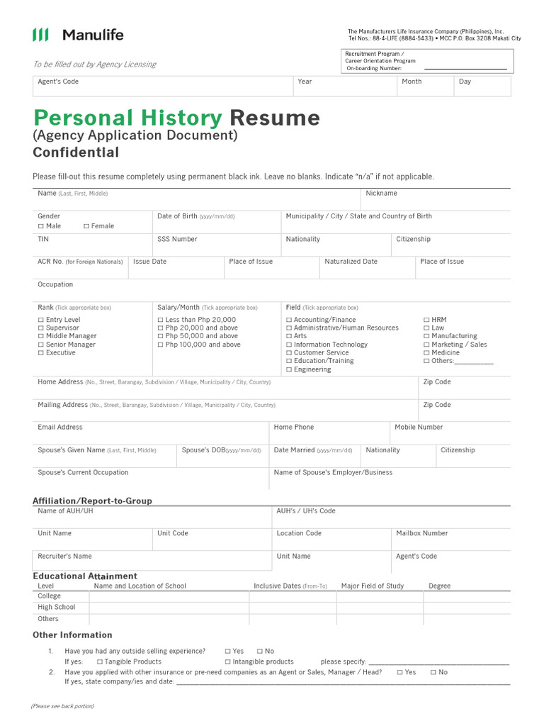 Manulife Agent Application Form | PDF | Business