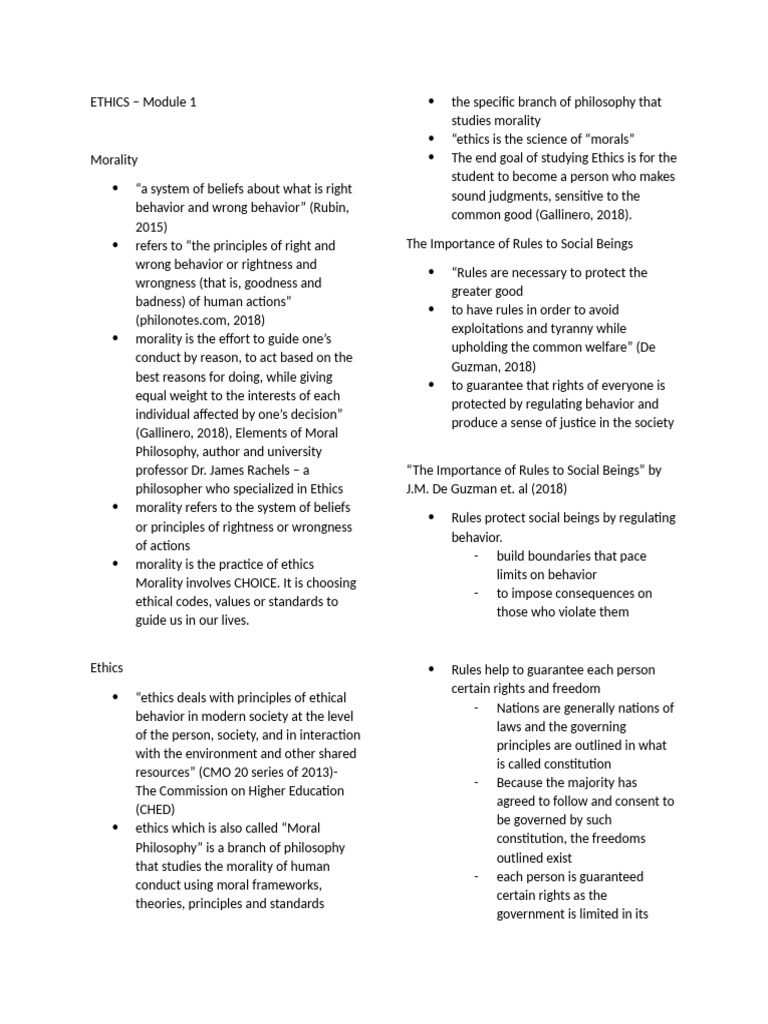 ETHICS Module 1 Summary | PDF | Morality | Rights
