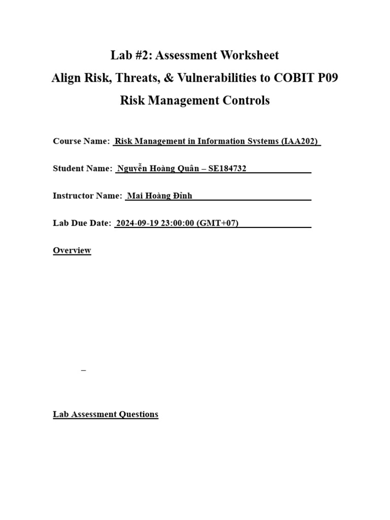 Lab2 (IAA202 IA1809 SE184732 NguyenHoangQuan) | PDF | Vulnerability (Computing) | Threat (Computer)